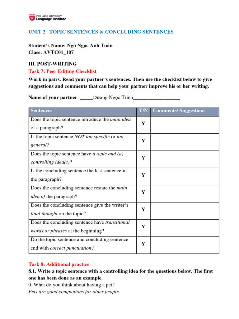 AVTC1 - Unit 2 - Topic Sentences and Concluding Sentences (AfterClass ...
