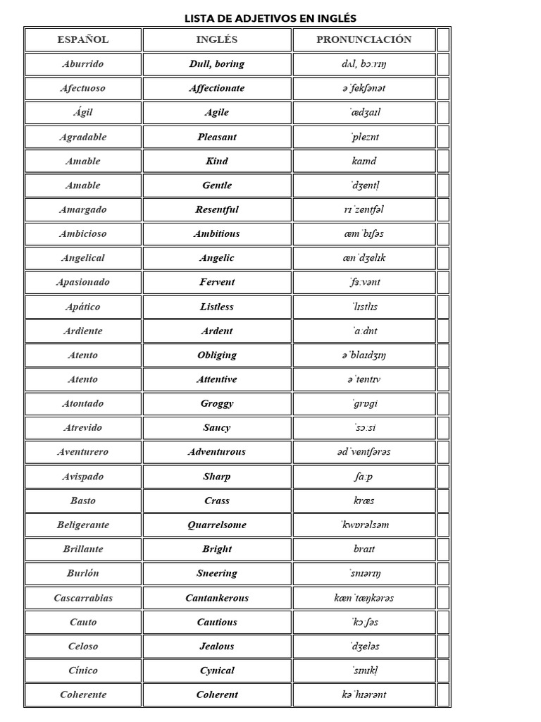 Lista De Adjetivos En Ingles Pdf