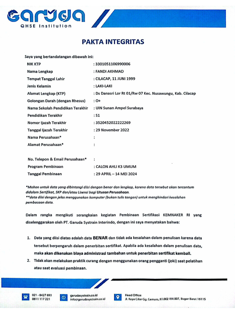 Pakta Integritas Pelatihan K3 | PDF