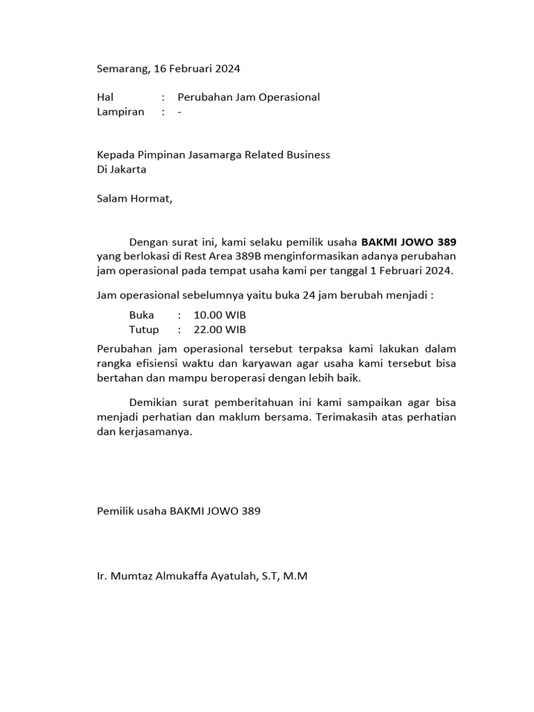 Perubahan Jam Operasional Bakmi Jowo 389 | PDF | Bisnis