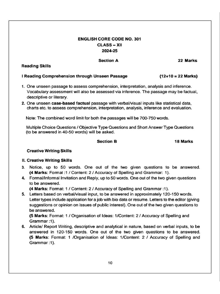 English Class 12th Syllabus 2024-25 | PDF
