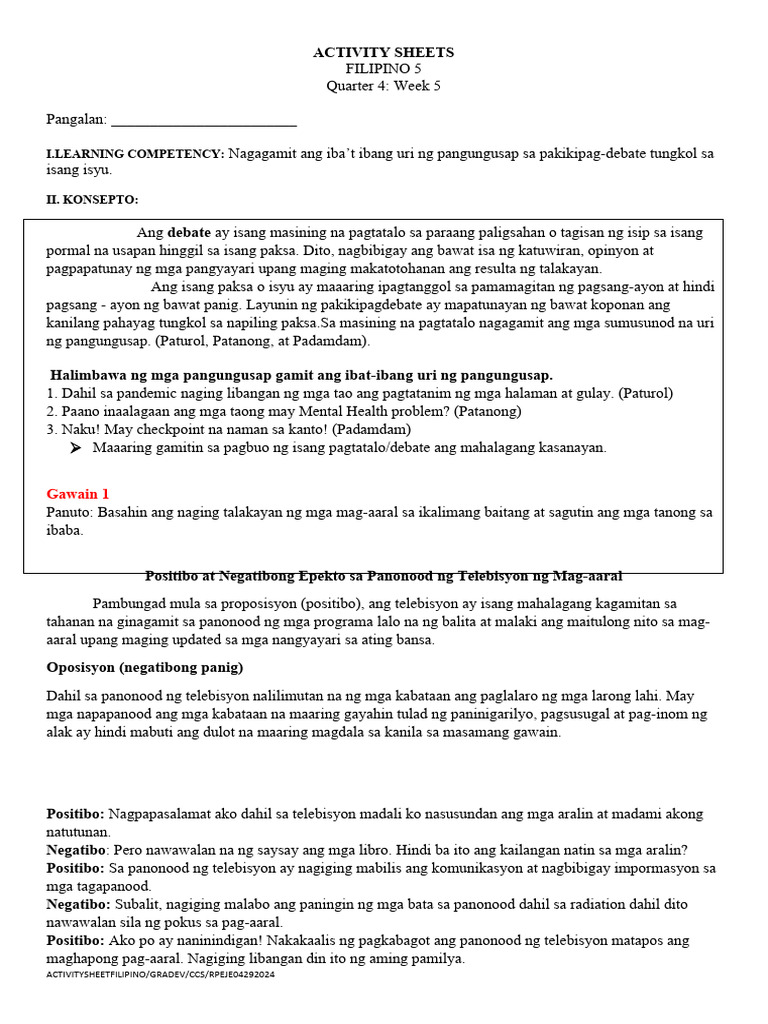 FILIPINO 5 Activity Sheet Q4 W5 | PDF