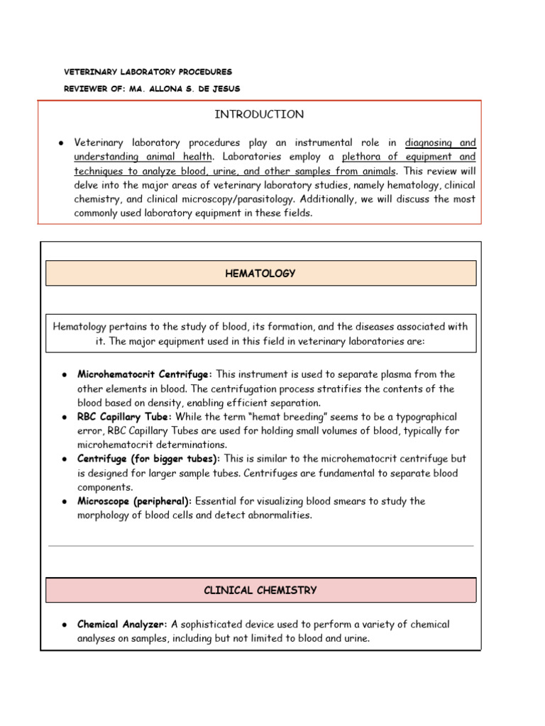 Veterinary Lab Procedures Overview | PDF | Anemia | Blood Cell