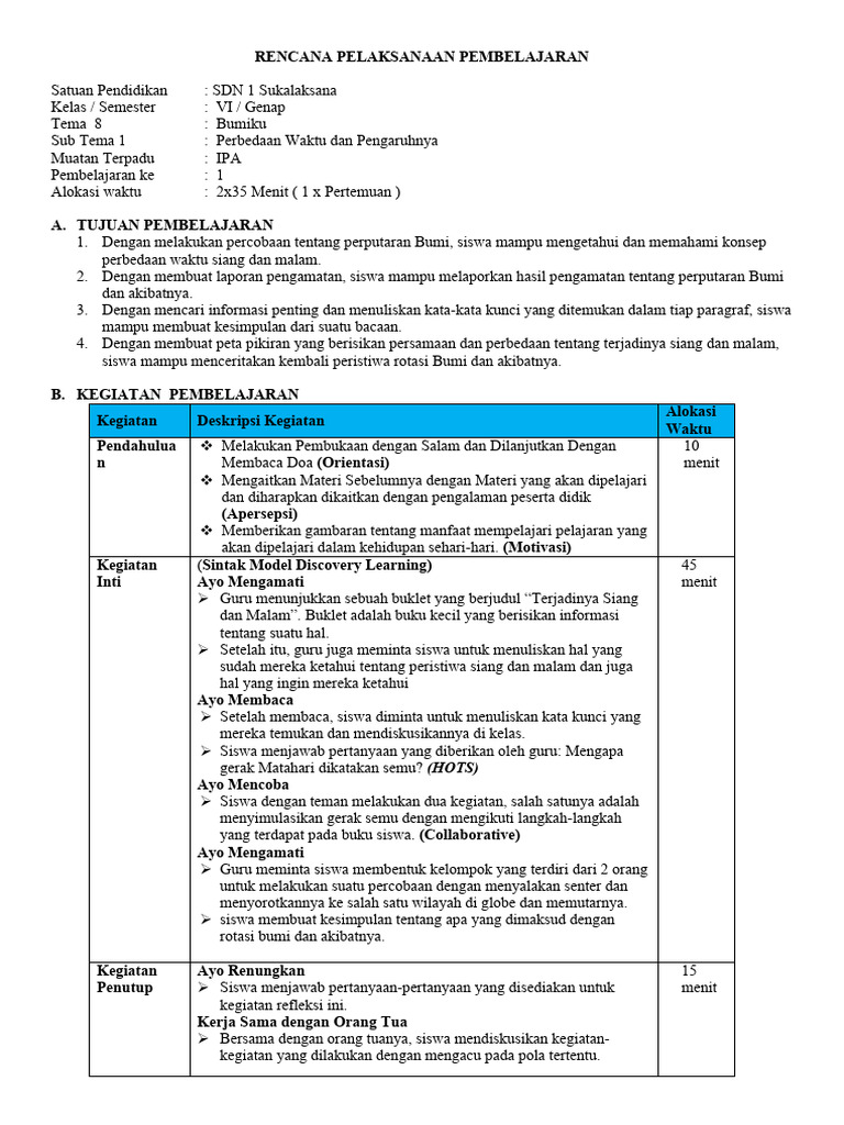 RPP Kelas 6 Sem 2 Tema 8 Subrema 1 IPA | PDF