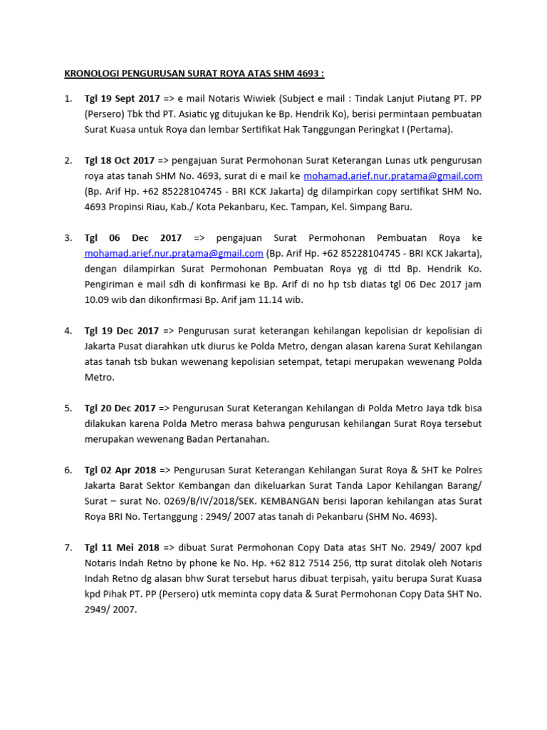 Kronologi Pengurusan Surat Roya Atas SHM 4693 | PDF
