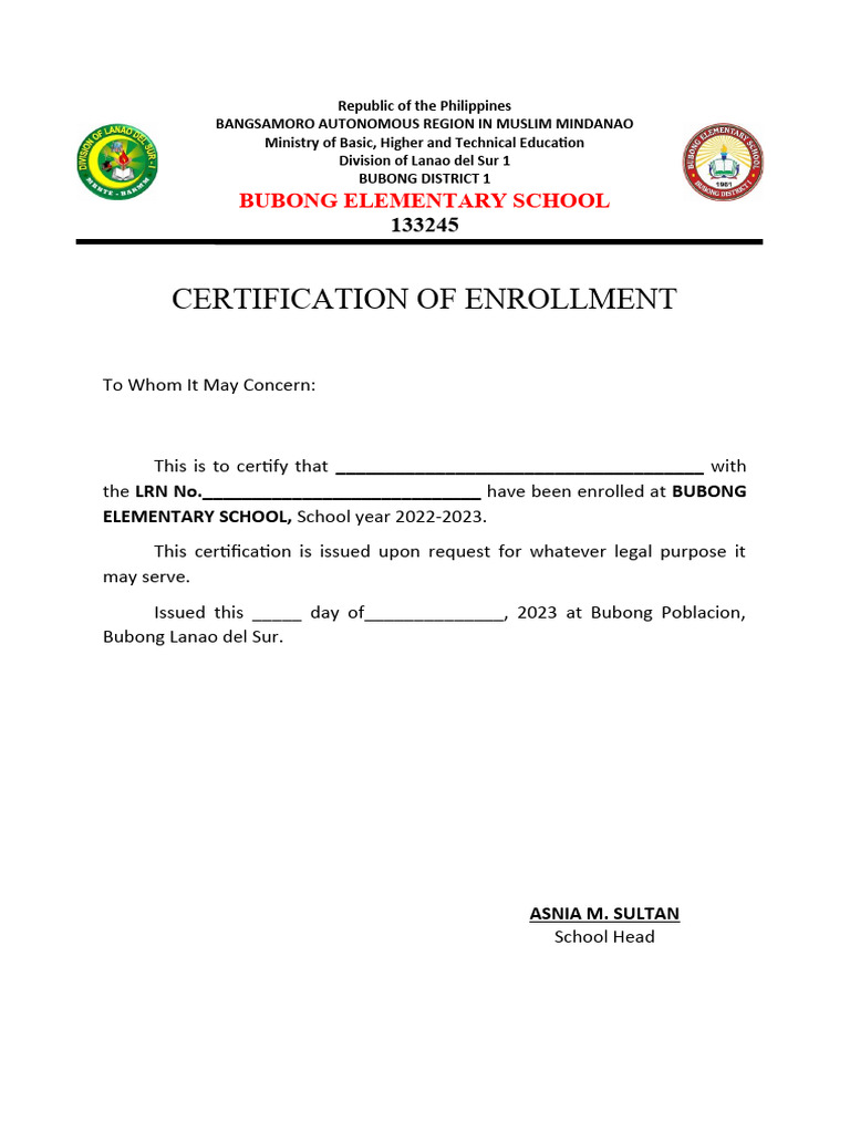 Certification of Enrollment 2022-2023 | PDF