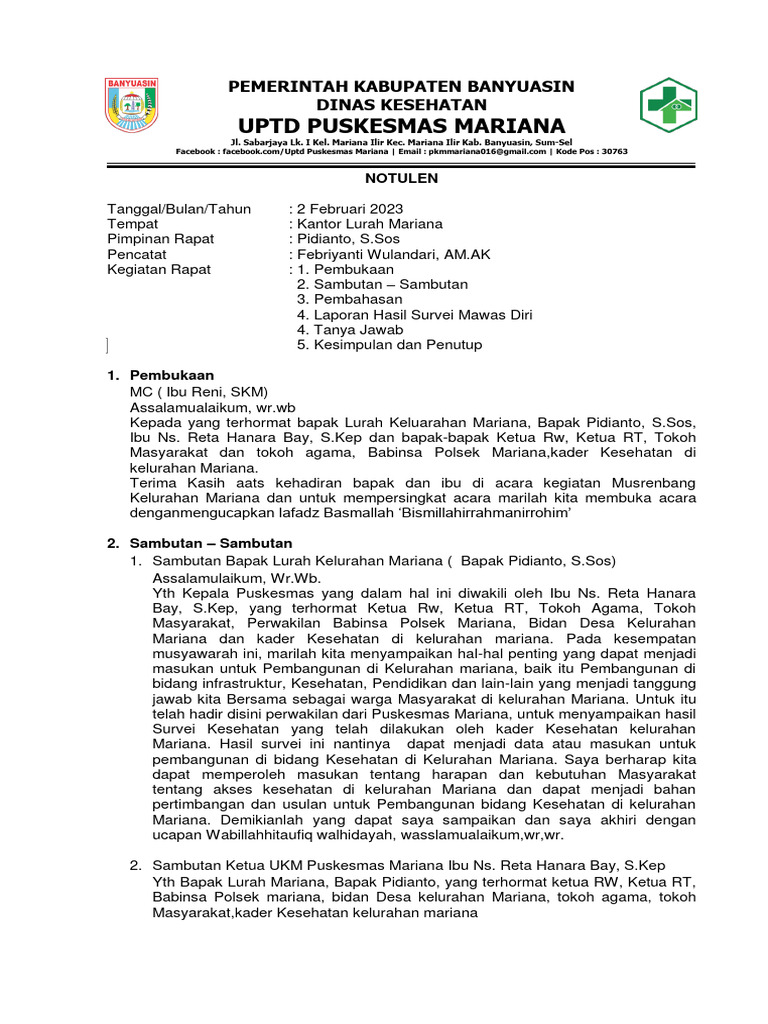 Notulen MMD 2023 Kel Mariana | PDF | Pengembangan Diri | Kesehatan Holistik