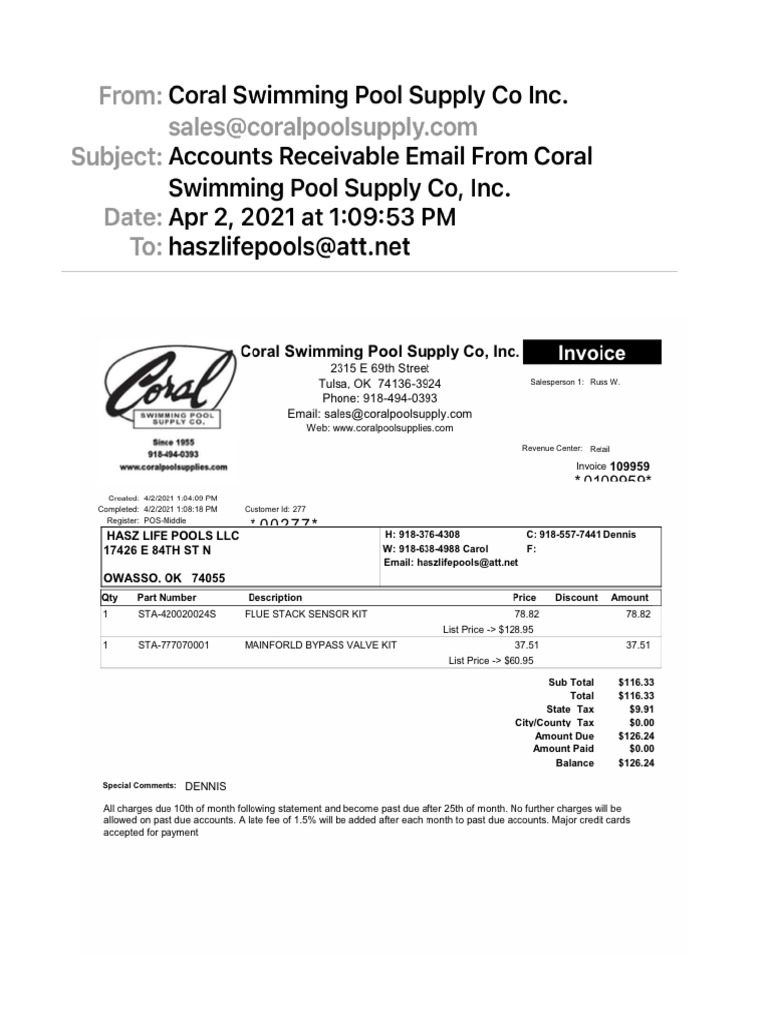 Accounts Receivable Email From Coral Swimming Pool Supply Co, Inc | PDF