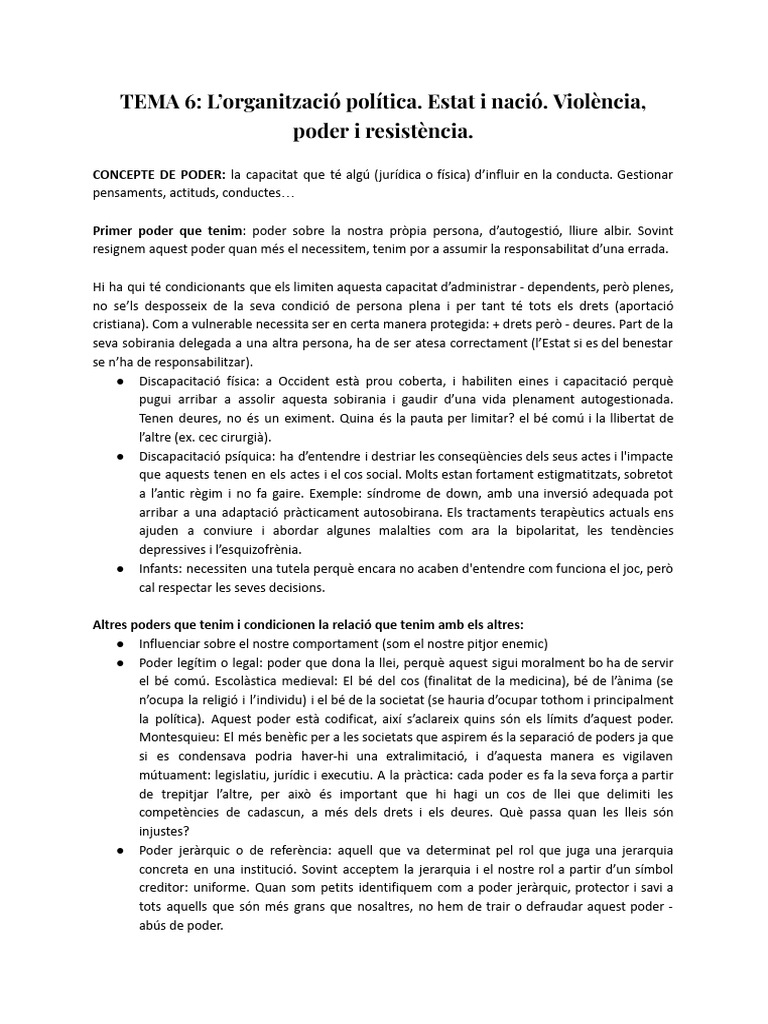 TEMA 6 - L'organització Política. Estat I Nació. Violència, Poder I Resistència. | PDF