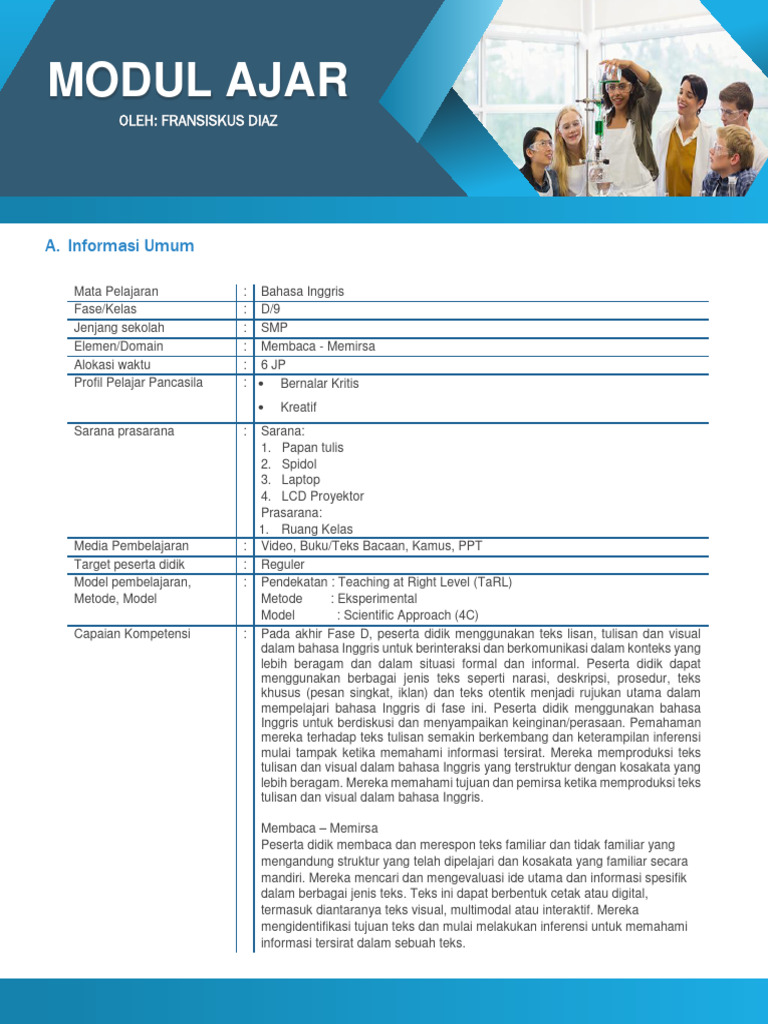 Modul Ajar Bahasa Inggris - Report Text - Grade 9 - Fase D | PDF | Seni