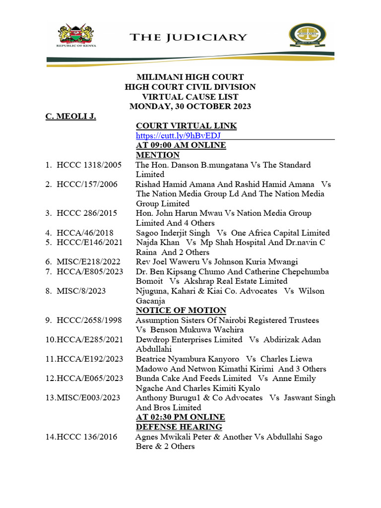 Milimani High Court Cause List - Oct 30 | PDF