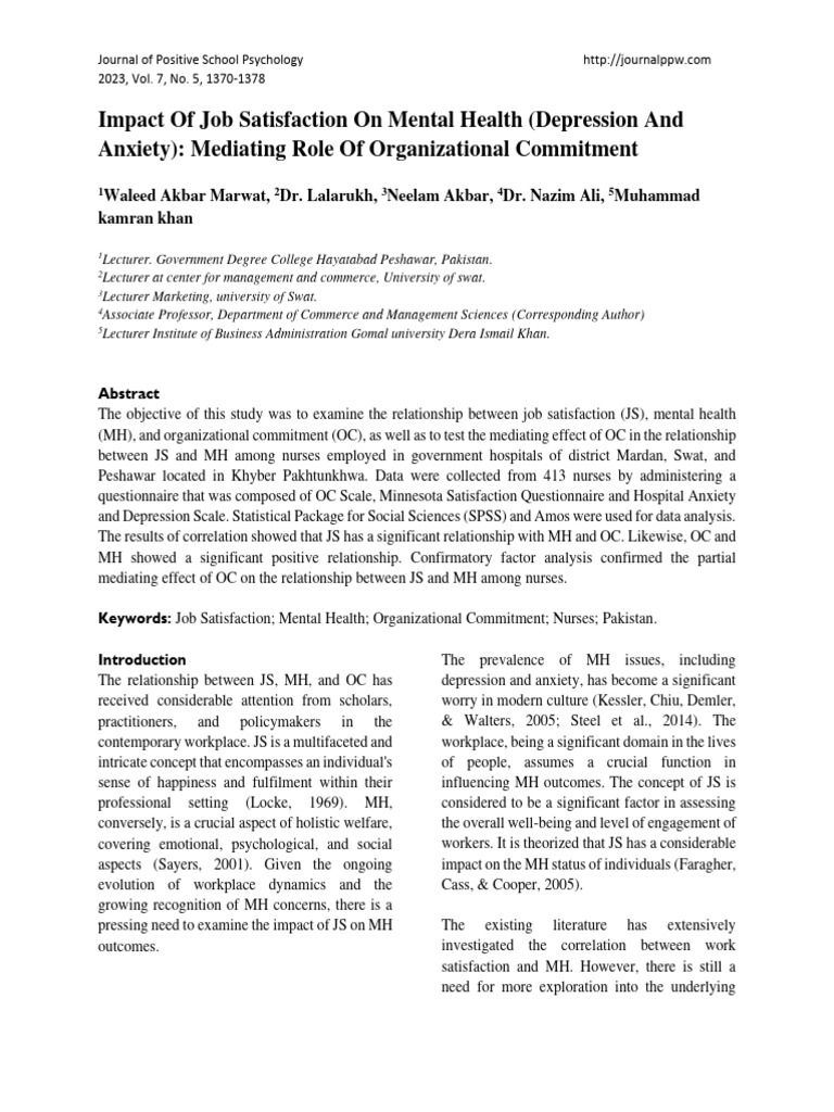 Impact of Job Satisfaction On Mental Health (Depression and Anxiety) : Mediating Role of ...