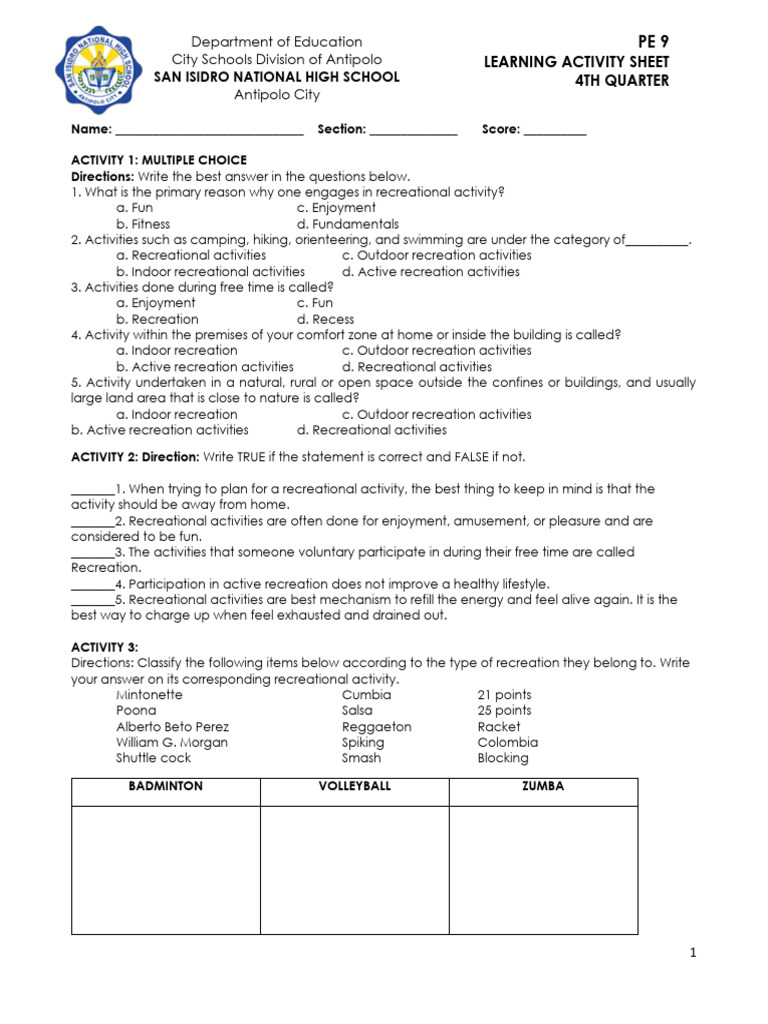 Learning Activity Sheet in Pe 9 4TH Quarter | PDF | Recreation | Volleyball