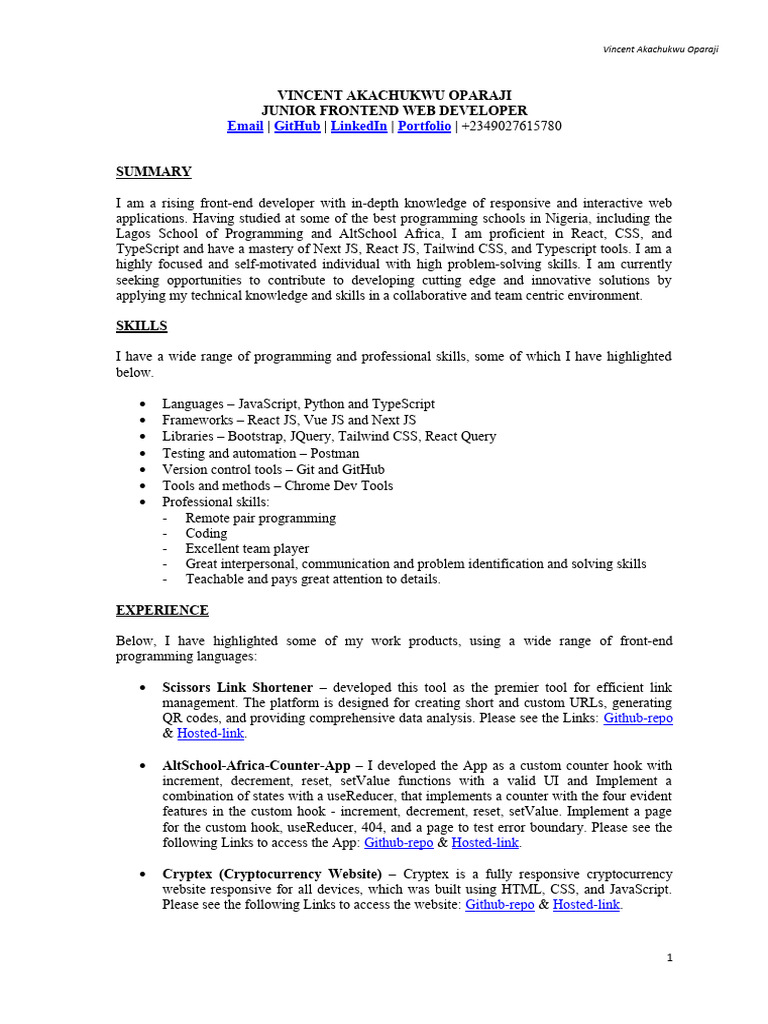 Vincent-Akachukwu-Oparaji-Junior-Software-Developer - Docx v.2 | PDF ...