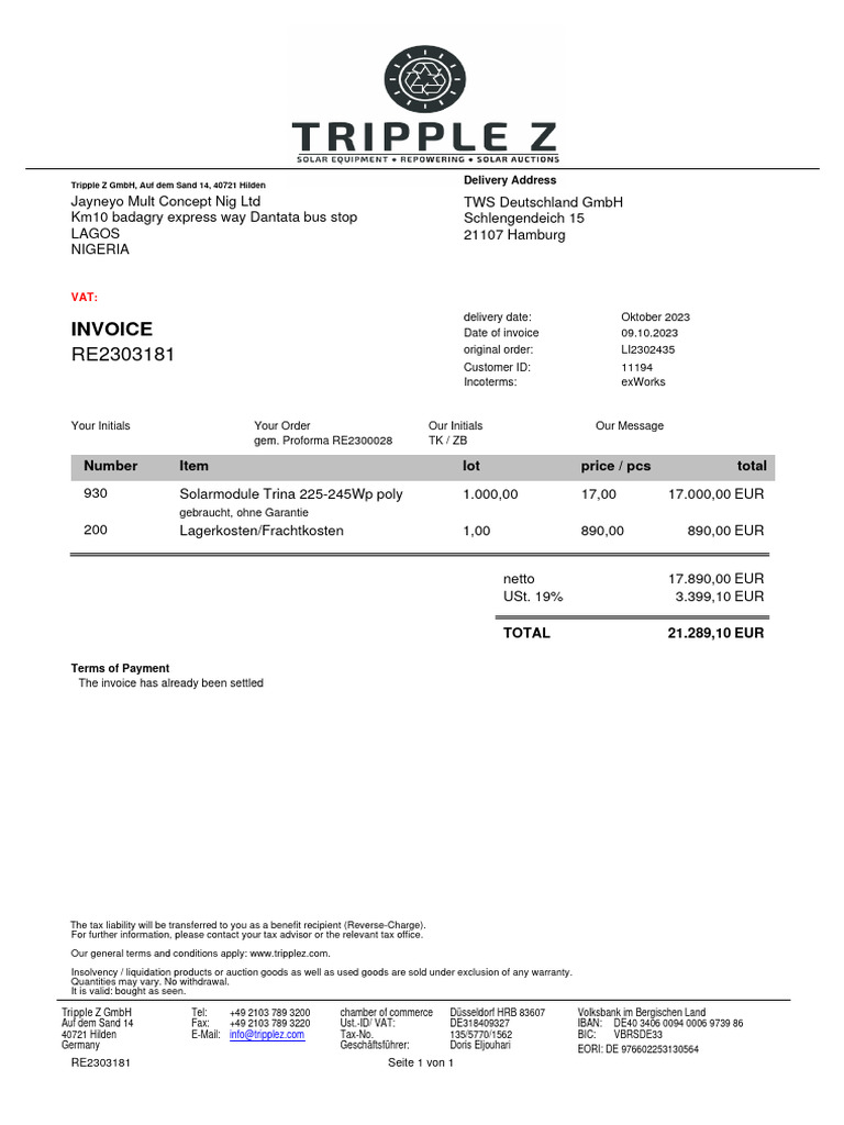 Invoice for Solar Modules Purchase | PDF | Business Law | Business