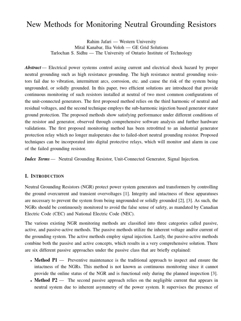 Monitoring Techniques for Neutral Grounding Resistors | PDF | Relay ...