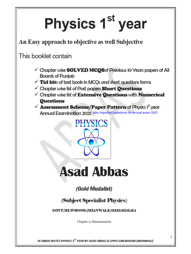 1st Year Mcqs Booklet | PDF | Force | Acceleration
