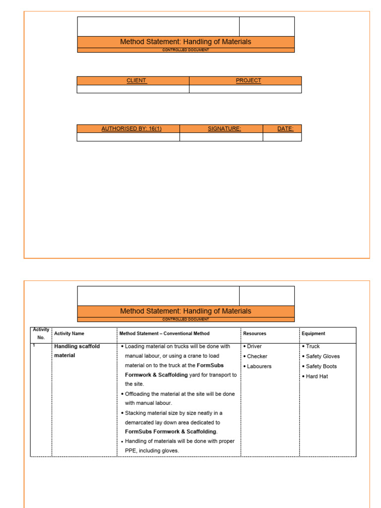 Method Statement - Handling of Materials | PDF