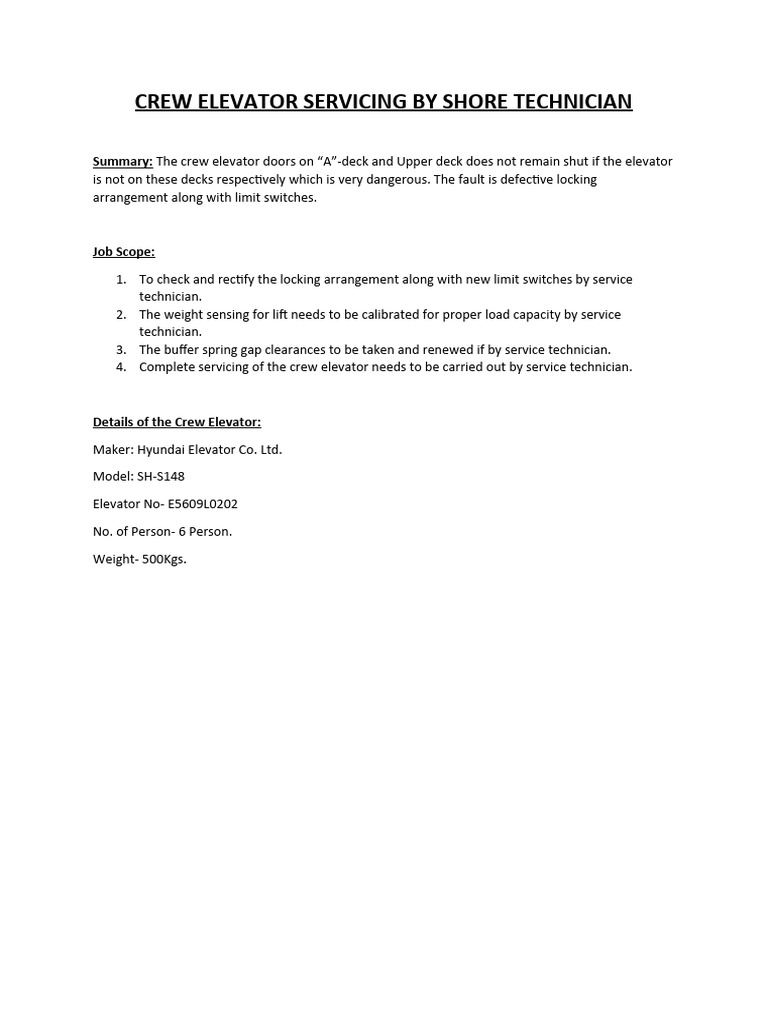 Crew Elevator Servicing | PDF