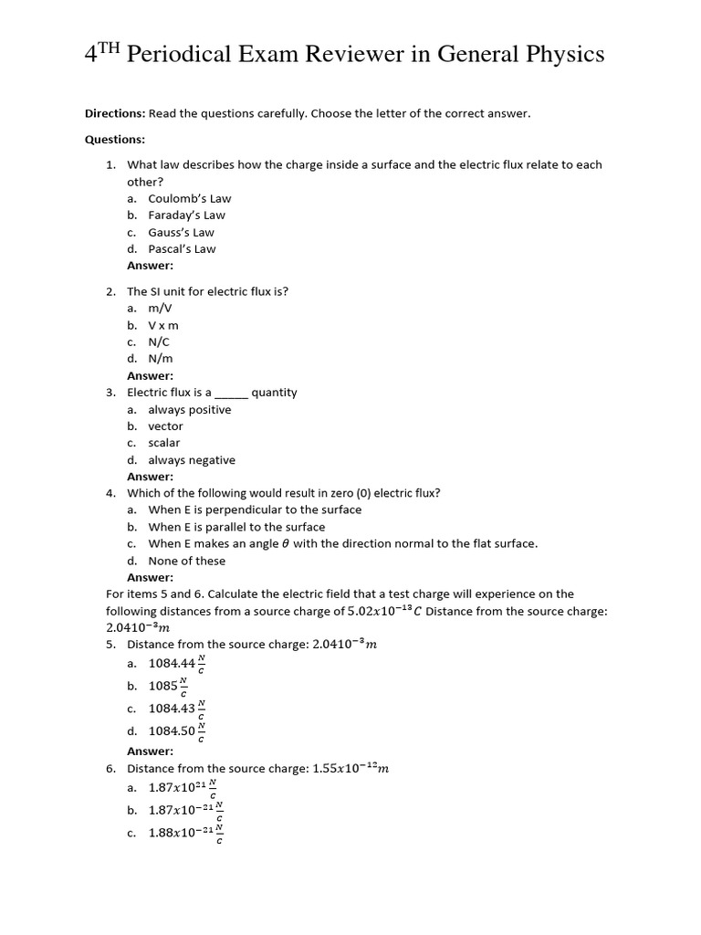 q4 Gen Physics Reviewer | PDF | Electric Field | Flux
