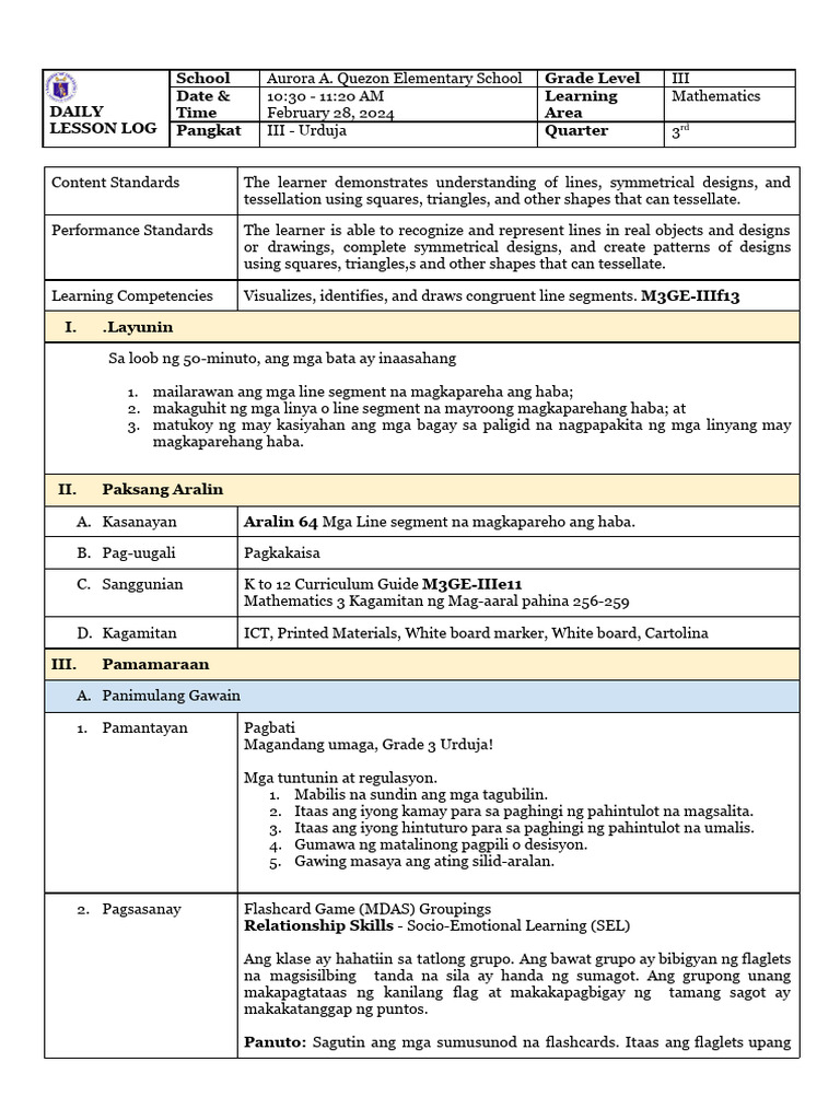 Banghay Aralin - Congruent Line Segment | PDF