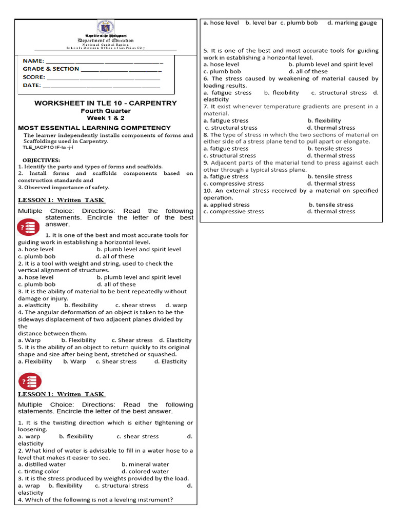 Worksheet Tle 10 4rt Qrt. | PDF | Stress (Mechanics) | Concrete
