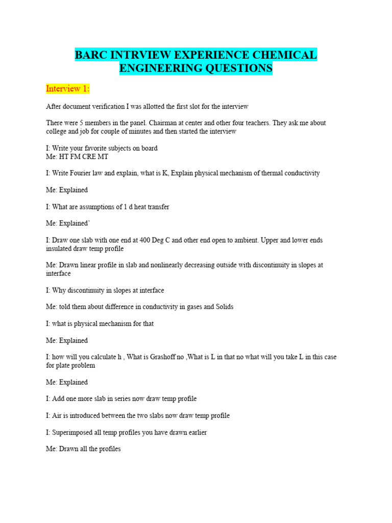 Barc Intrview Experience Chemical Engineering Questions | PDF | Distillation | Heat Transfer