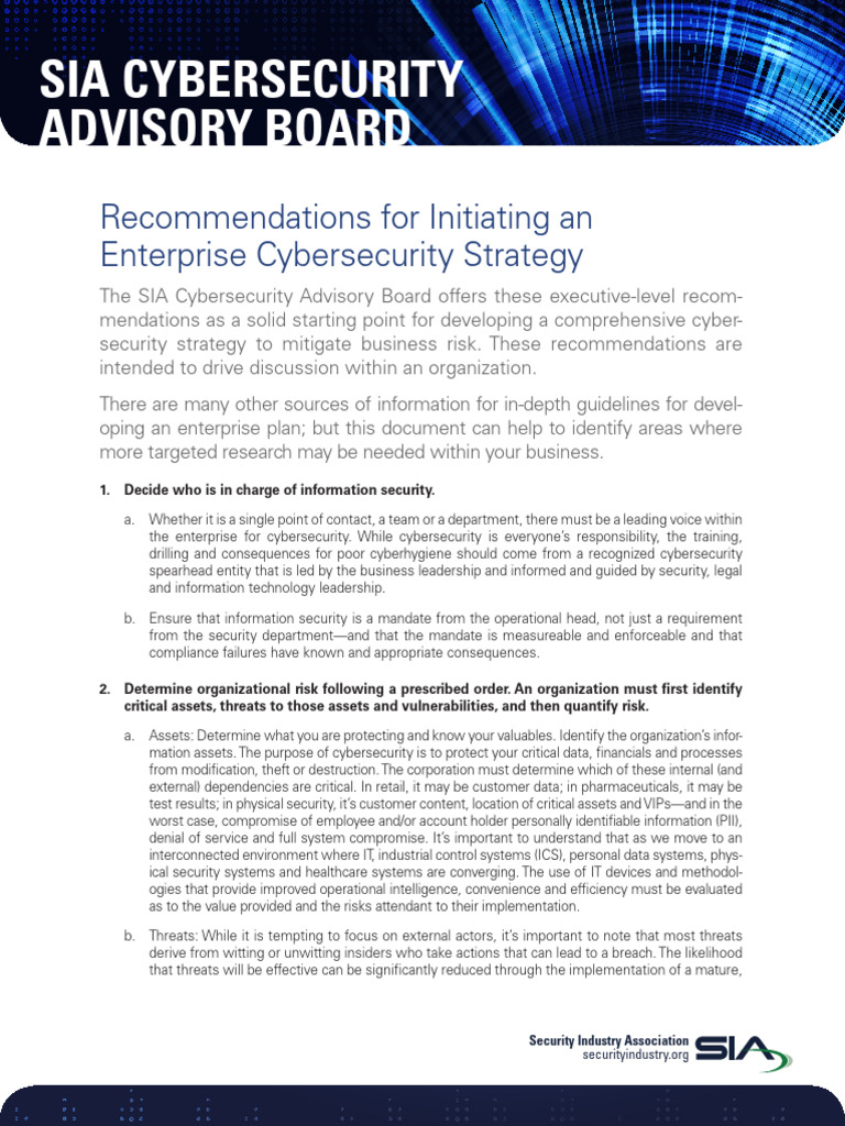 SIA Cybersecurity Advisory Board Recommendations | PDF | Security ...