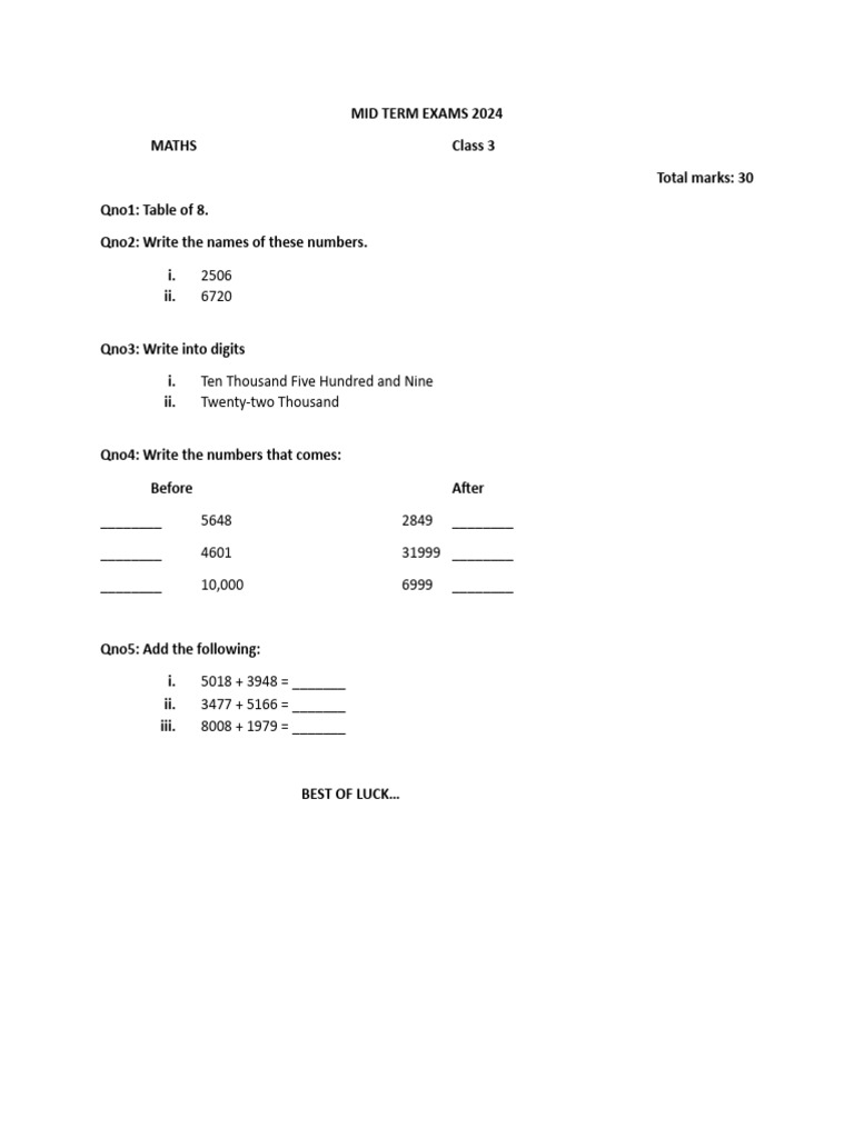 Class 3 Maths Midterm Exam 2024 | PDF