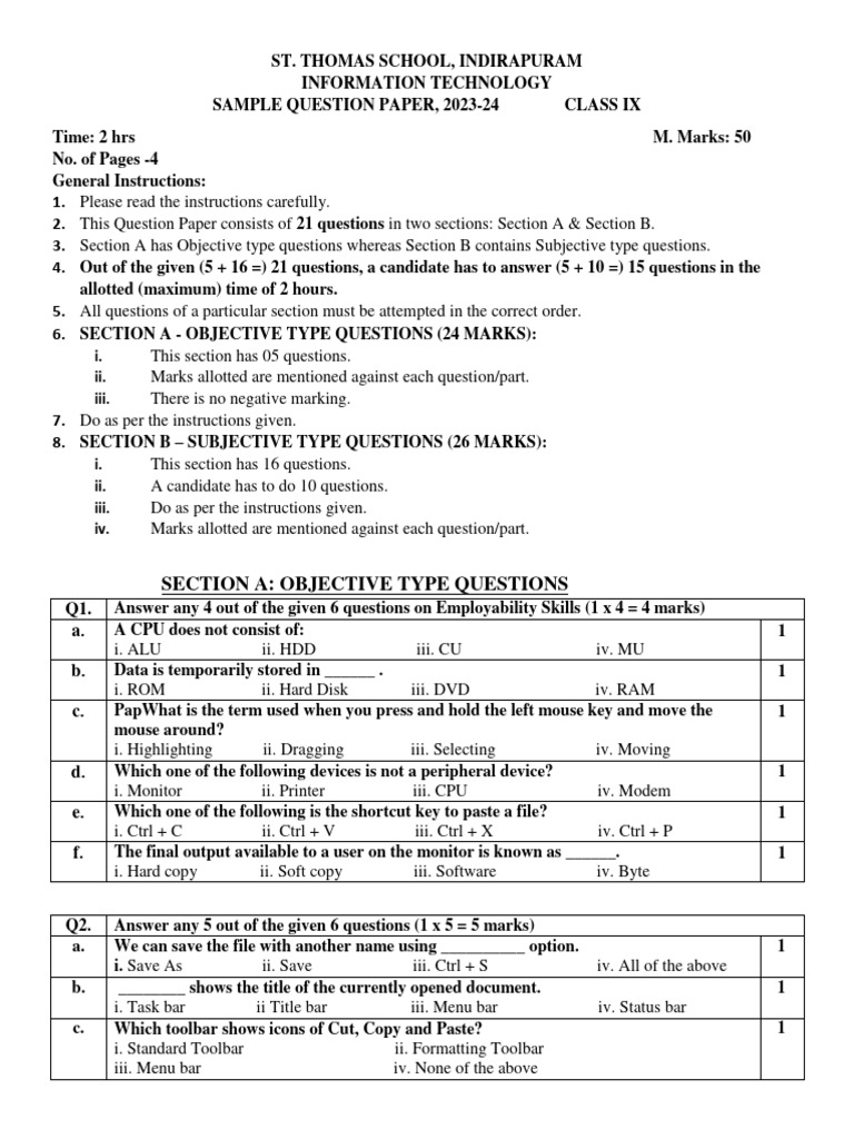 Class IX IT Sample Paper | PDF | Cursor (User Interface) | Menu (Computing)