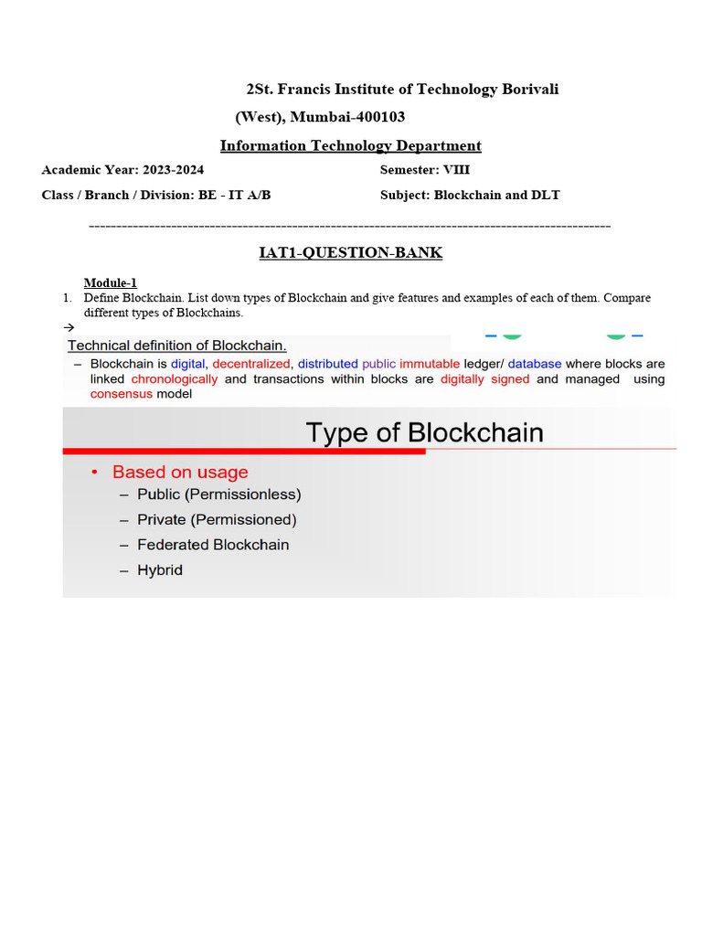 IAT1 Question Bank Blockchain 2024 (ANS) | PDF | Cryptocurrency | Bitcoin