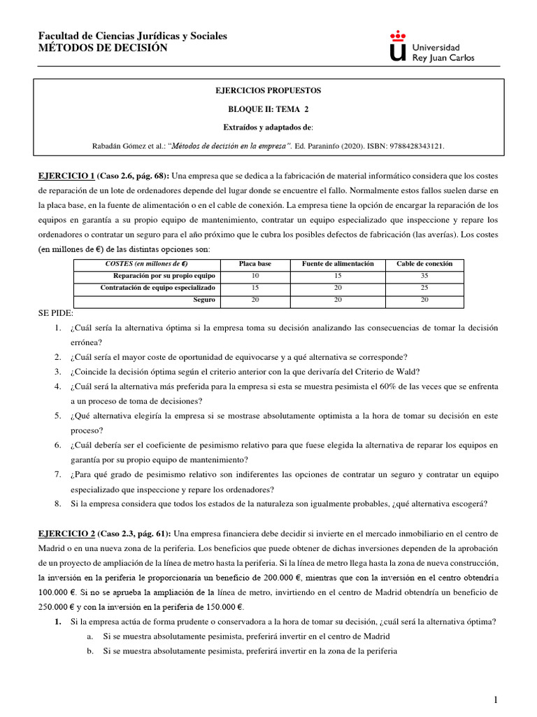 Ejercicios Propuestos_Tema 2 | PDF | Business | Toma de decisiones