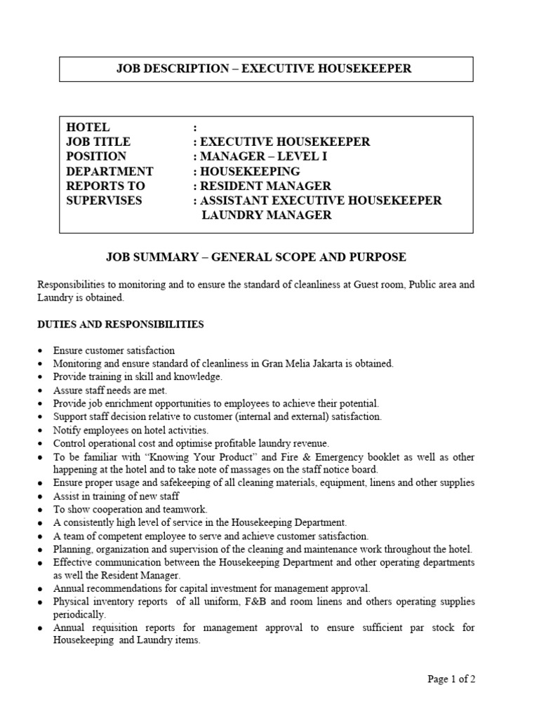 Job Description - Housekeeping - Executive Housekeeper | PDF