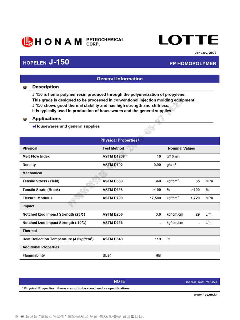 Lotte J 150 | PDF | Strength Of Materials | Polymers
