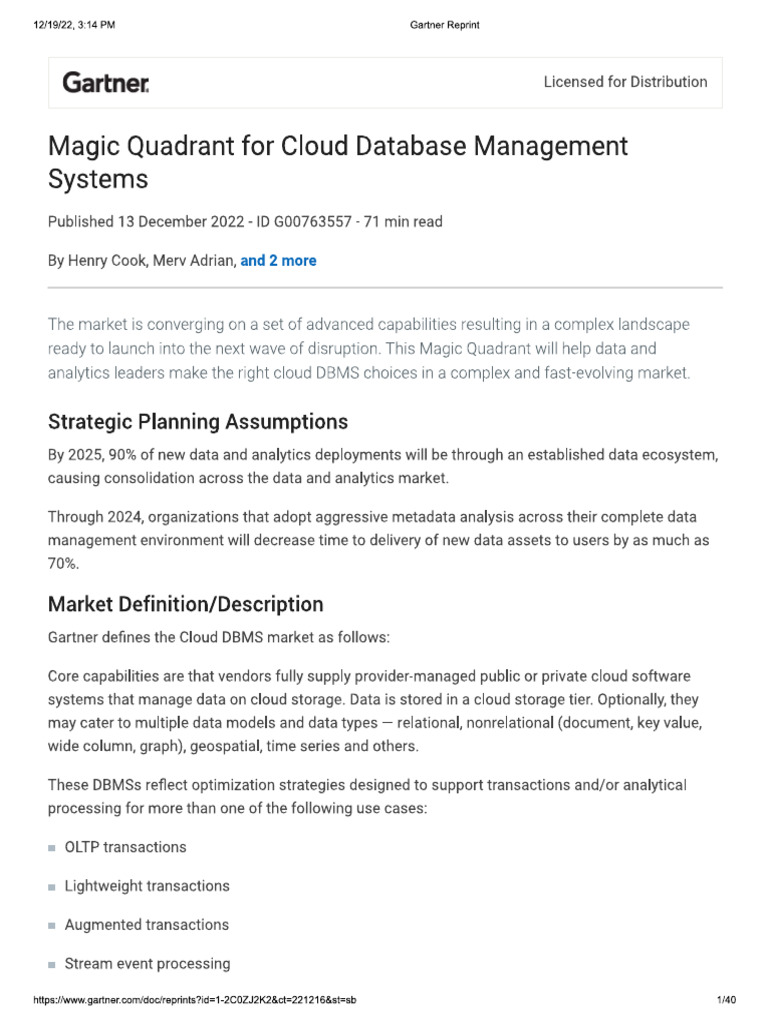 Gartner MQ Cloud Data MGMT Sys Dec 2022 | PDF