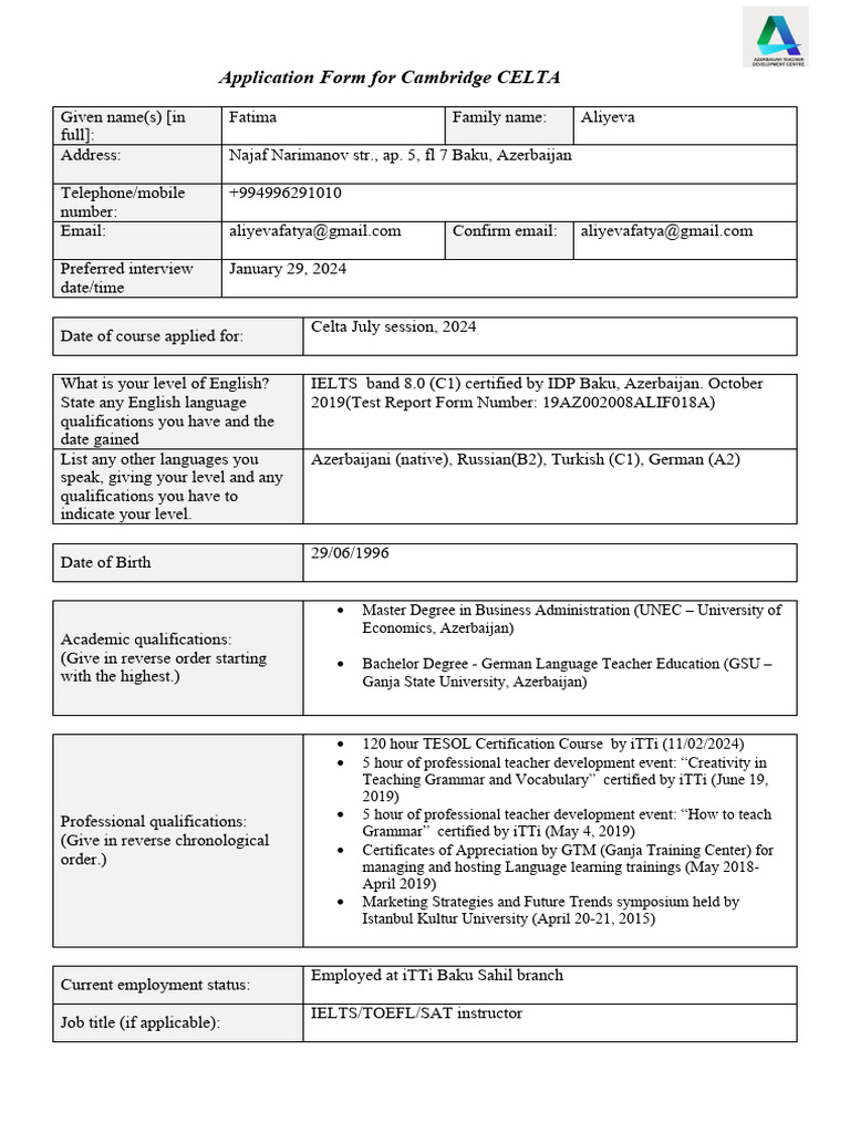 Application Form For Cambridge CELTA | PDF | Teachers | Verb