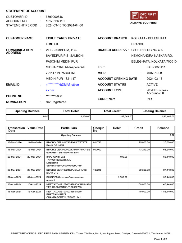 IDFC First Bank Account Statement | PDF | Personal Identification ...
