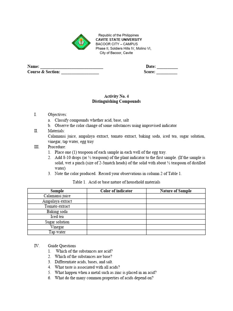 Chem. Lab. Activity 4 Distinguishing Compounds | PDF
