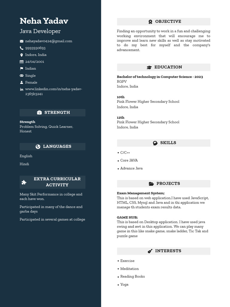 Neha - Yadav - Resume - 17 07 2023 21 40 09 | PDF | Java (Programming Language) | Computing
