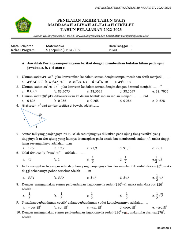 Soal Pat MTK Wajib Kls 10 TP 2022-2023 | PDF