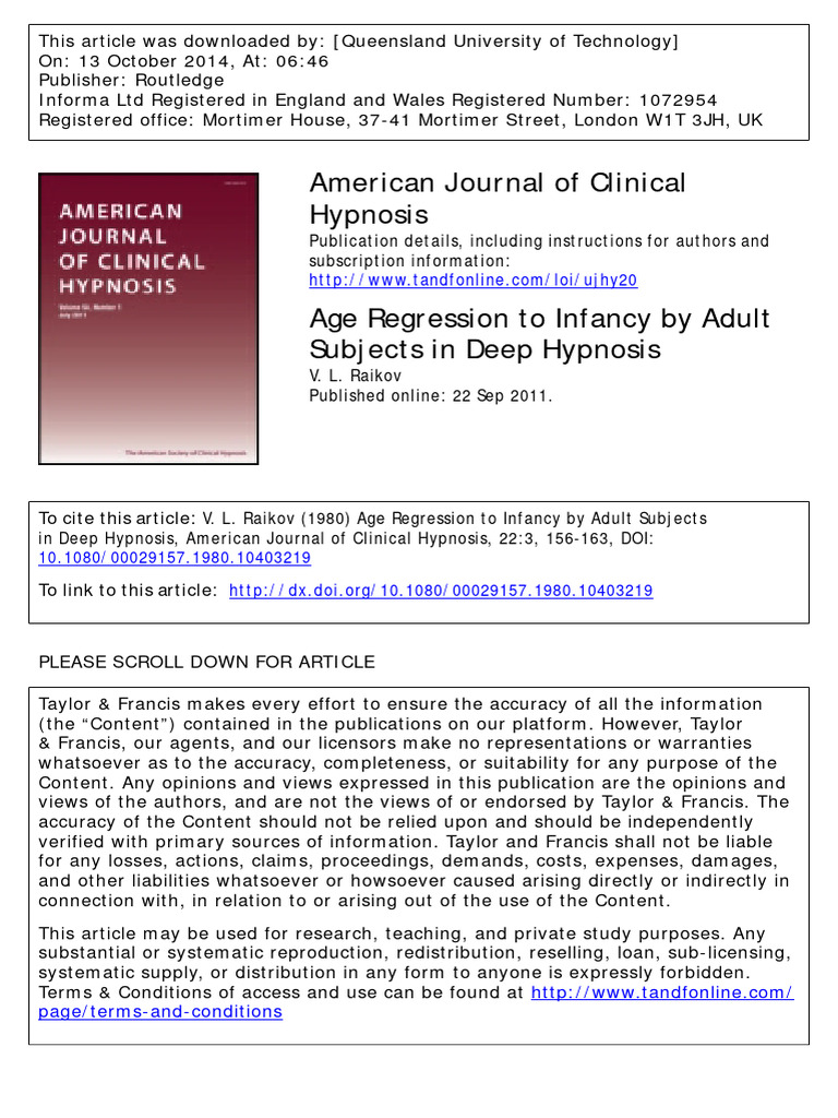Age Regression To Infancy by Adult Subjects in Deep Hypnosis | PDF ...