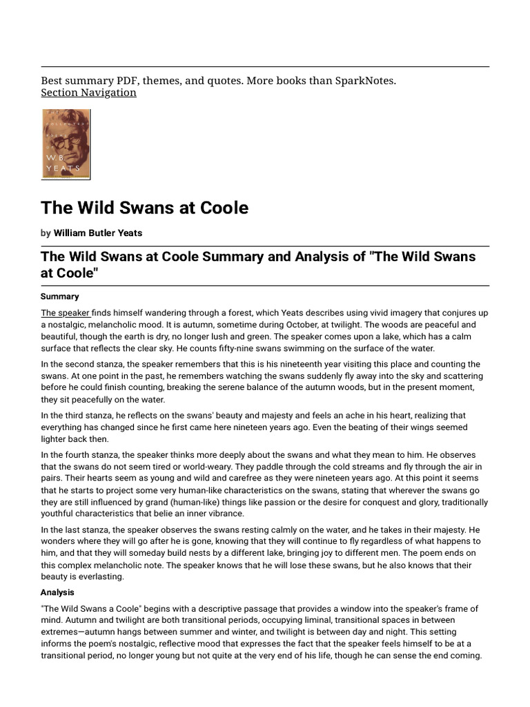 The Wild Swans at Coole "The Wild Swans at Coole" Summary and Analysis - GradeSaver | PDF | W. B ...