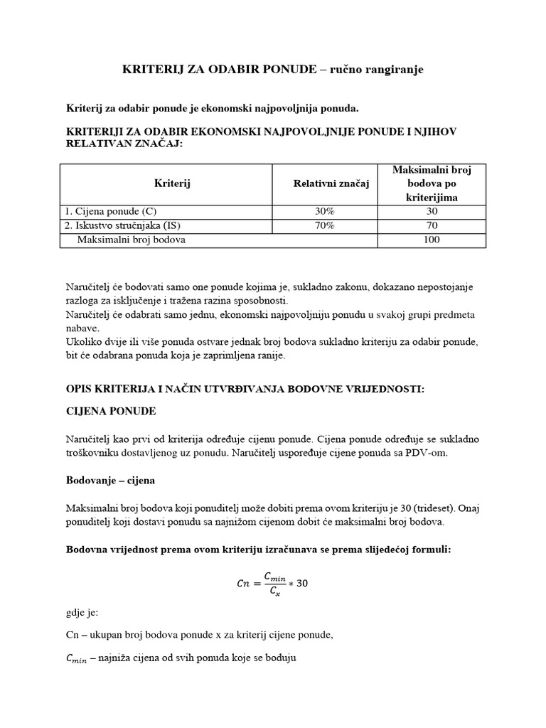 Kriteriji Za Odabir Ponude (Ručno Rangiranje) - Nadzor Izmjera | PDF