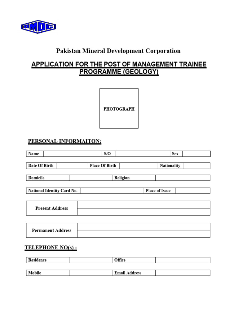 PMDC Management Trainee Application Form | PDF