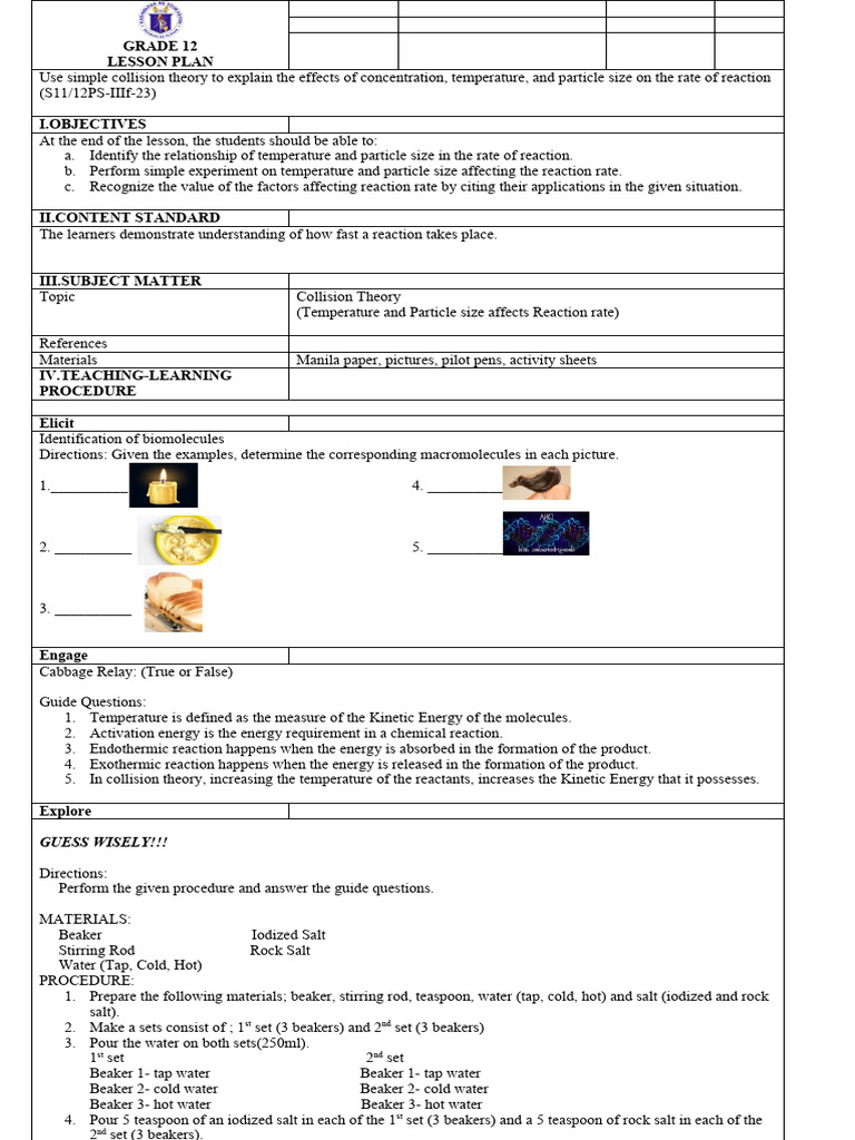 Grade 12 Lesson Plan: Guess Wisely!!! | Download Free PDF | Reaction ...