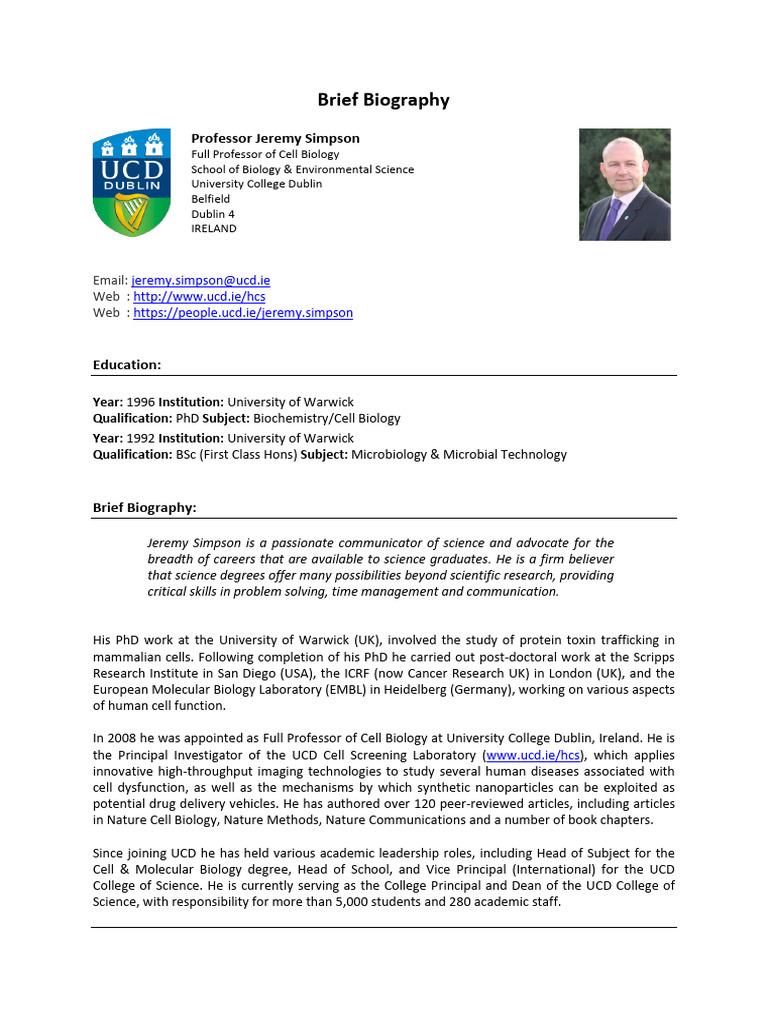 Professor Jeremy Simpson's Biography | PDF | Cell (Biology) | Science