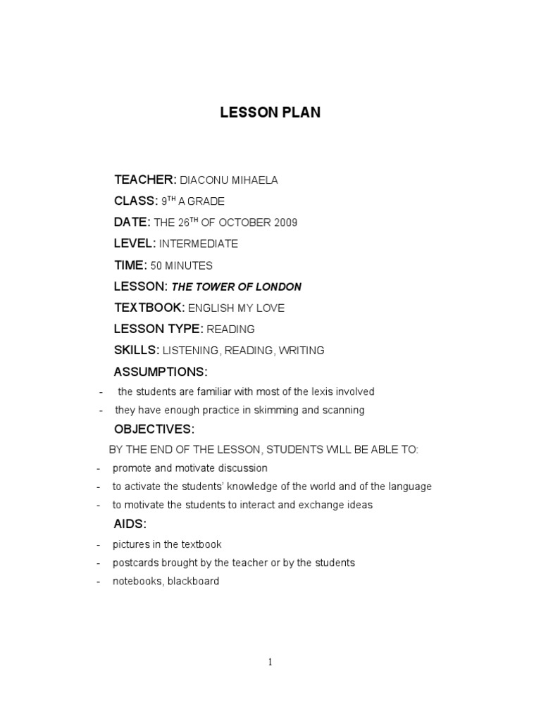 9th Grade Lesson Plan: Tower of London | PDF | Career & Growth