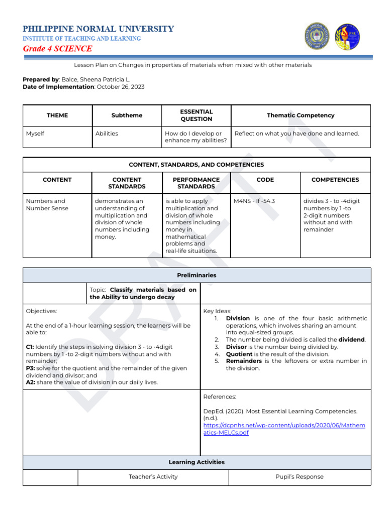 WEEK 3 - Lesson Plan - MATH 4 - Balce | PDF | Division (Mathematics) | Teachers