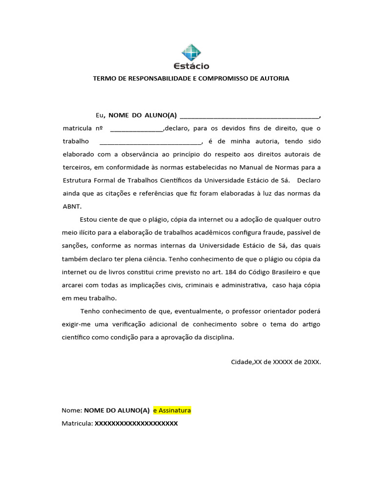 Termo de Responsabilidade e Compromisso de Autoria | PDF