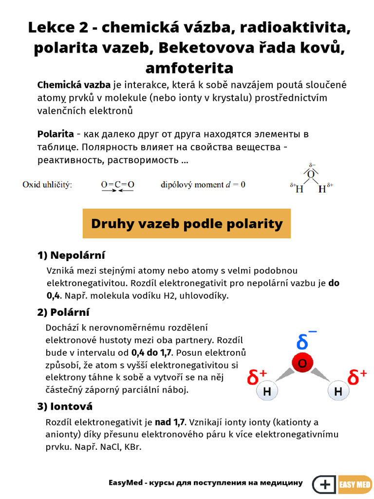 Lekce 2 Chemická Vázba, Radioaktivita, Polarita Vazeb, Reakce V | PDF